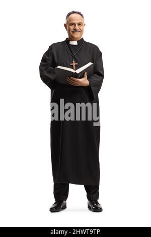 Full length portrait of a priest raising arms towards sky isolated on ...