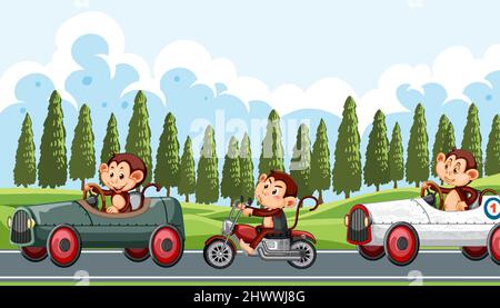 Race track scene with monkey racing drivers illustration Stock Vector ...