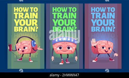How to train brain banners with cute sport character. Vector posters of ...