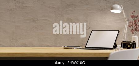 Loft workspace with with wooden table with copy space, 3D rendering, 3D ...