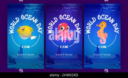 Save ocean cartoon posters with underwater animals and trash in sea ...