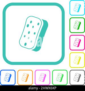 Dishwashing sponge vivid colored flat icons in curved borders on white ...
