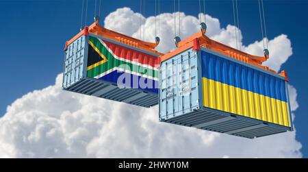 Freight container with South Africa and Ukraine flag. 3D Rendering ...