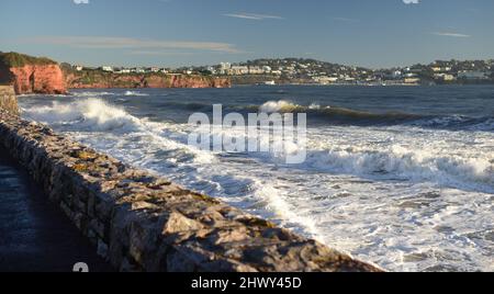 Foaming high tide along Preston seawall at Paignton, South Devon ...