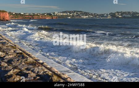Foaming high tide along Preston seawall at Paignton, South Devon ...