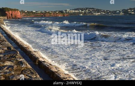 Foaming high tide along Preston seawall at Paignton, South Devon ...