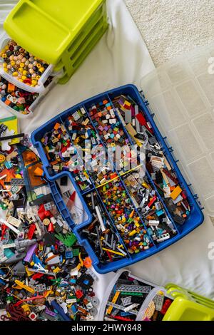 Khabarovsk, Russia, February 18, 2022. Closeup male kid constructing ...