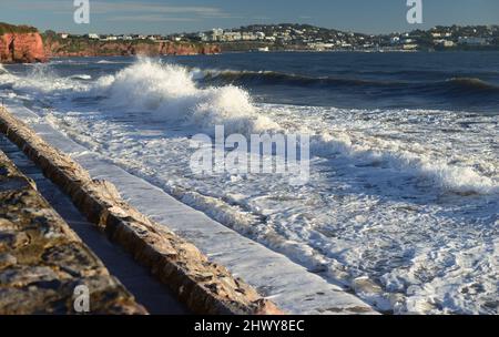 Foaming high tide along Preston seawall at Paignton, South Devon ...