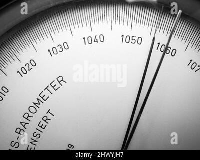 Close-up view of the scale with the pointer on the right of an analogue ...