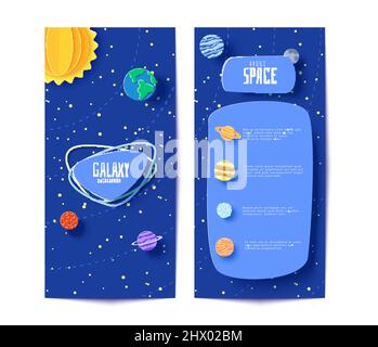 Cartoon planets, red polygonal rocket and origami UFO. Wavy layered ...