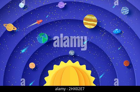 Cartoon planets, red polygonal rocket and origami UFO. Wavy layered ...