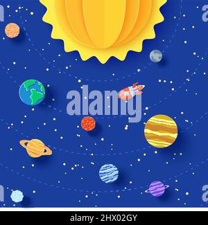 Cartoon planets, red polygonal rocket and origami UFO. Wavy layered ...