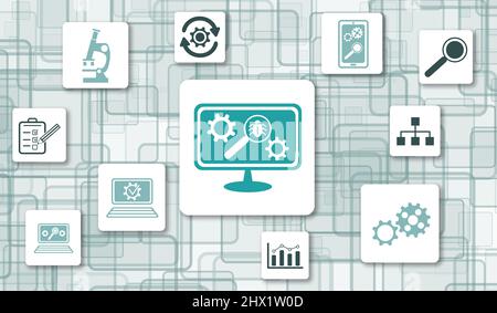 Concept of software testing with icons on squares Stock Photo - Alamy