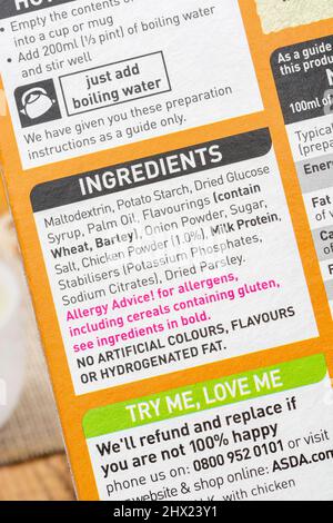 Ingredient label on packet of ASDA supermarket own-label dark chocolate ...