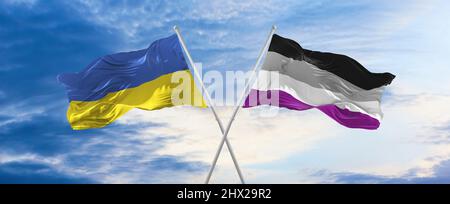 two crossed flags asexuality Pride and Denmark waving in wind at cloudy ...