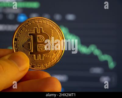 Big bitcoin in hand on white background. Virtual money, crypto currency ...