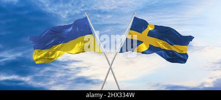 Ukraine and Sweden, two flags waving against blue sky. 3d image Stock ...