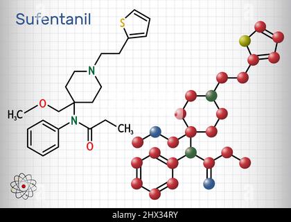 Sufentanil molecule. It is opioid analgesic, anesthetic agent, used to ...