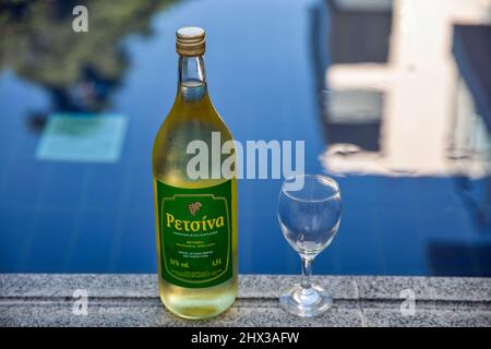 Ayia Napa, Cyprus - May 26, 2021: Retsina Greek traditional wine misted ...