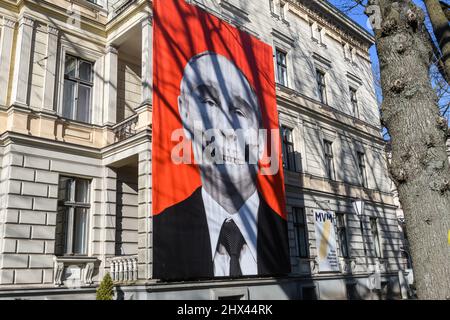 RIGA, LATVIA. 9th March 2022. Huge banner with Putin's skull hanged at ...