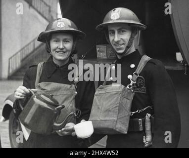 1940, historical, London during the blitz, Two male volunteer wardens ...