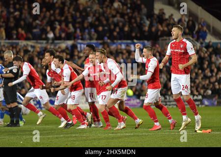 Rotherham United players celebrate on the winners podium with the ...