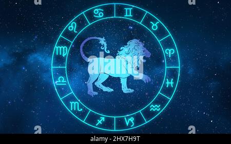 Leo horoscope sign in twelve zodiac with galaxy stars background Stock ...