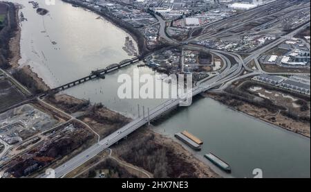 Aerial View of Pitt River Bridge during cloudy winter day Stock Photo ...
