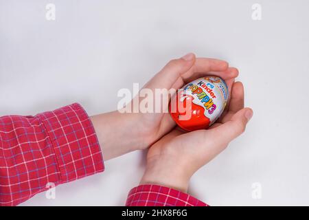 Ukraine, Kiev - March 23, 2021: Kinder Surprise , tasty chocolate egg ...