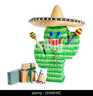 Mexican pinata with maracas and gifts on color background Stock Photo ...