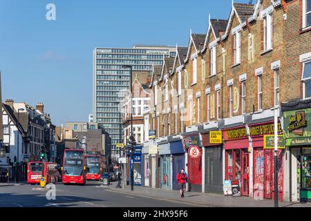 Croydon town centre with London double decker bus & tram public ...