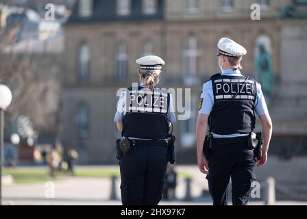 Stuttgart, Germany. 25th Feb, 2022. Police officers patrol the ...
