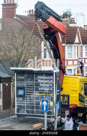 An InPost click and collect parcel locker in Folkestone, Kent, UK. An ...