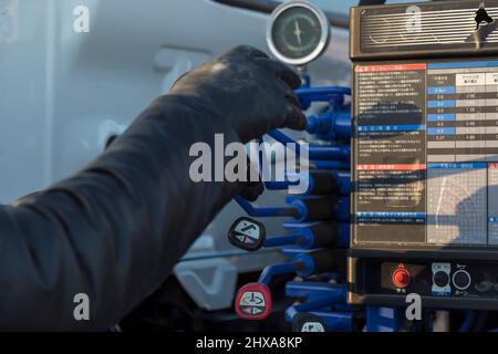 The operator's hand on the hydraulic crane control levers Stock Photo ...