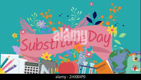 Image of substitute day text over graduation cap icon on white ...