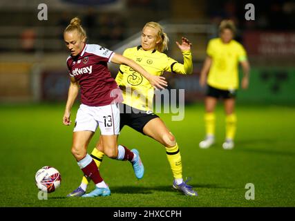 DAGENHAM, ENGLAND - MARCH 10: L-R Tameka Yallop of West Ham United WFC ...