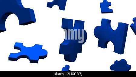 Image of blue pieces of puzzle falling on white background Stock Photo ...