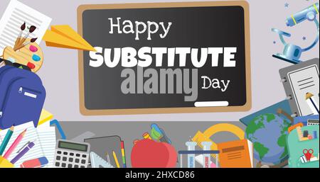 Image of happy substitute day text over school items icons on white ...