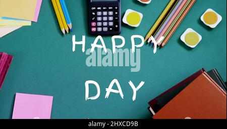 Image of happy substitute day text over school items icons on white ...