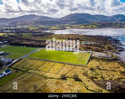 Aerial view of GAA pitch in Glencolumbkille in County Donegal, Republic ...