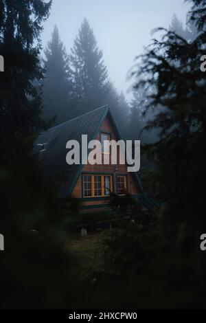 cabin, house in the fog woods 3d rendering Stock Photo - Alamy