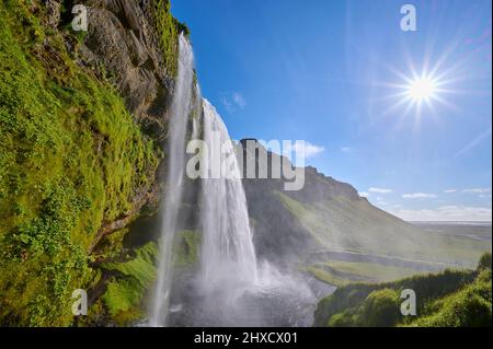 Waterfall, sun, summer, Seljalandsfoss, Storidalur, Sudurland, SuÃ ...