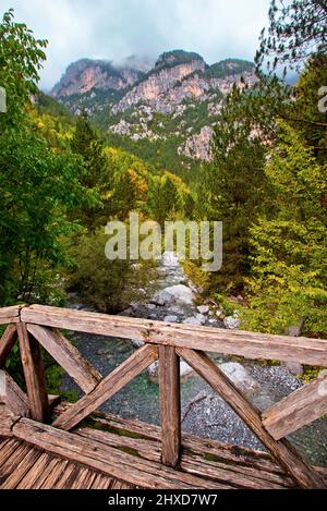 Enipeas river and a wooden bridge, close to Prionia, Olympus mountain ...