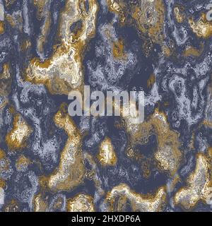 Navy blue yellow marbled seamless texture. Irregular color ink blotched ...