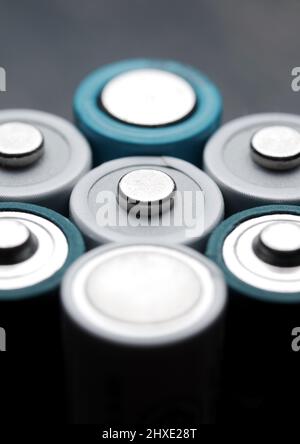 Close-up view of the positive terminals and negative terminals of the ...