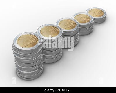 Two euro coins stack on a white background. 3d illustration Stock Photo ...