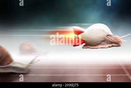 Snail flying fast with rocket shell. Business career innovation success ...