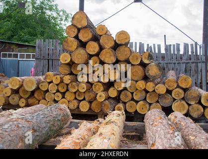 Sawmill. Warehouse timber stack of Logs of pine for sawing beams boards lumber Stock Photo - Alamy