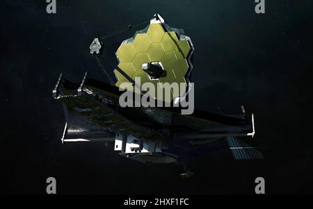 James Webb telescope explores deep space. JWST launch art. Elements of ...