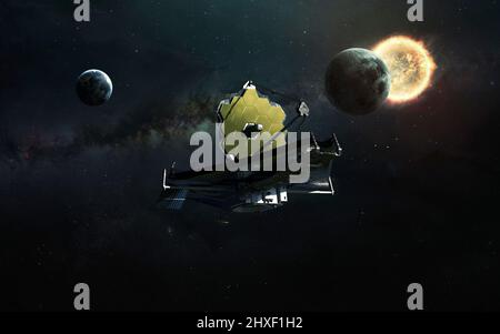 James Webb telescope explores deep space. JWST launch art. Elements of ...